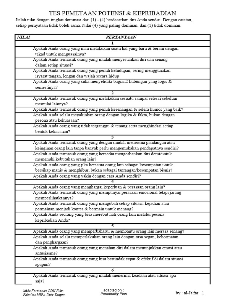 Tes Pemetaan Potensi & Kepribadian - Personality Plus | PDF