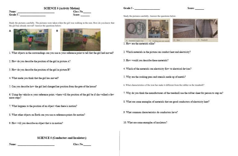 SCIENCE 5 q3 MOTION ACT | PDF | Electrical Conductor | Insulator ...