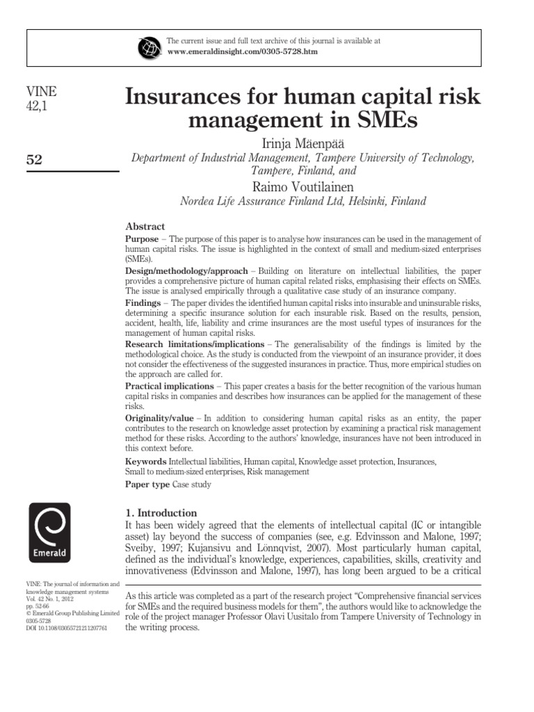 Insurances For Human Capital Risk Management in SMEs | PDF | Insurance ...