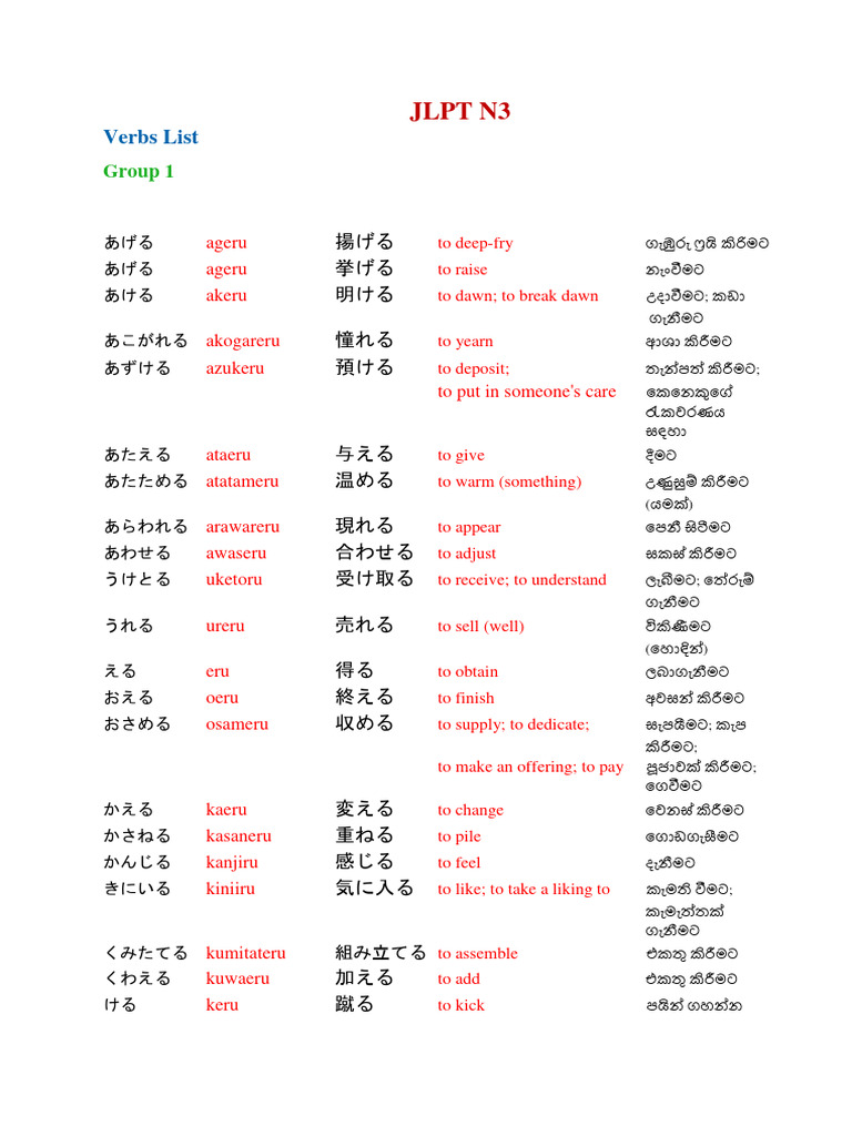 JLPT N3 Full Verb List | PDF