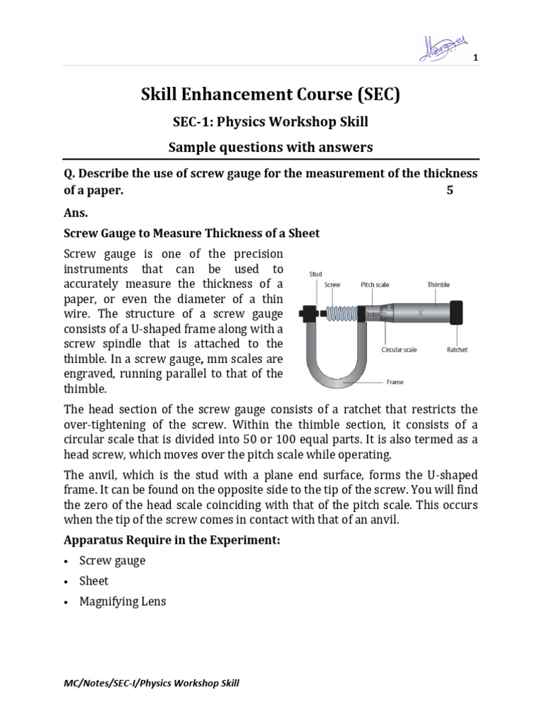 SEC-I - Physics Workshop Skill Sample Questions With Answers | PDF ...