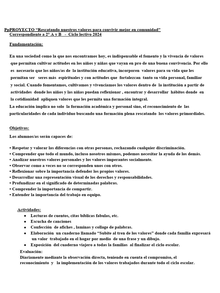 PROYECTO VALORES 2024 | PDF