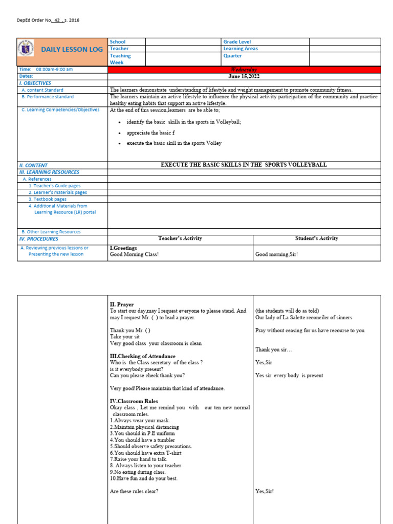 Volleyball Lessonplan | PDF | Learning | Teachers