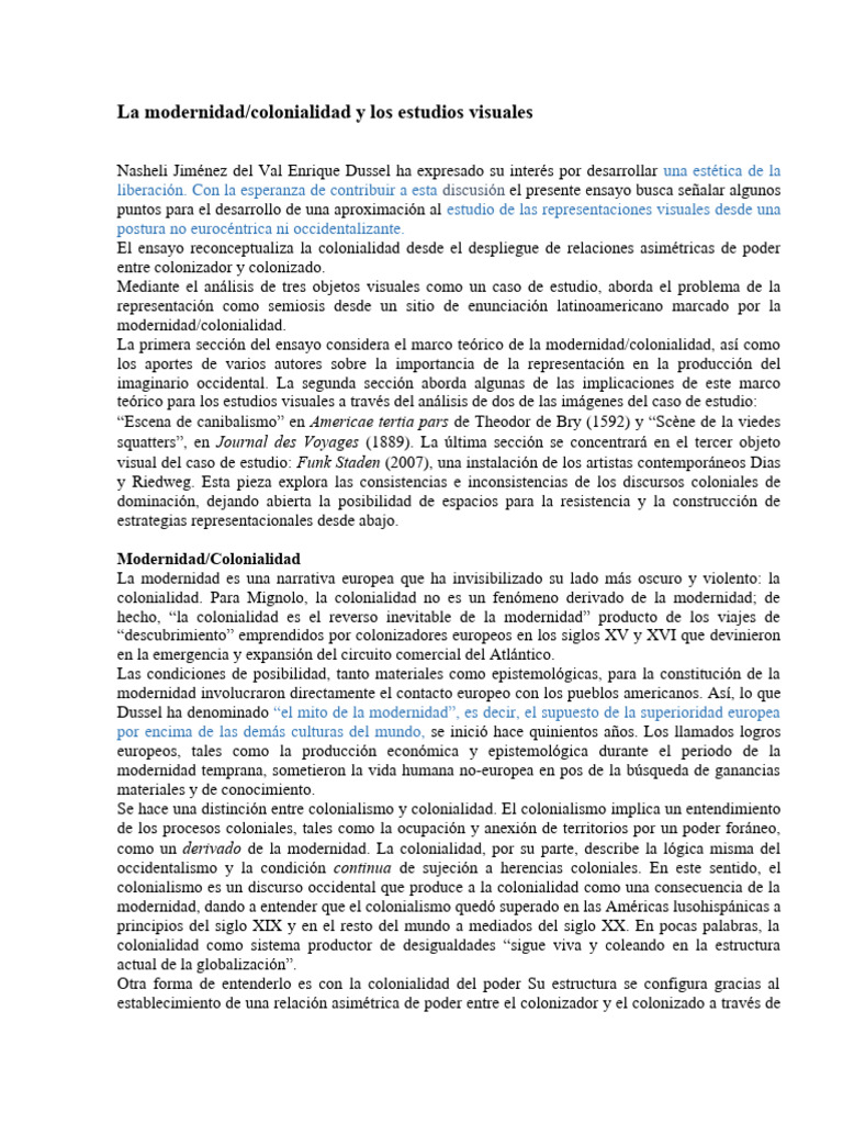 A Modernidad, Colonialidad Estudios Visuales | PDF | Colonialismo ...