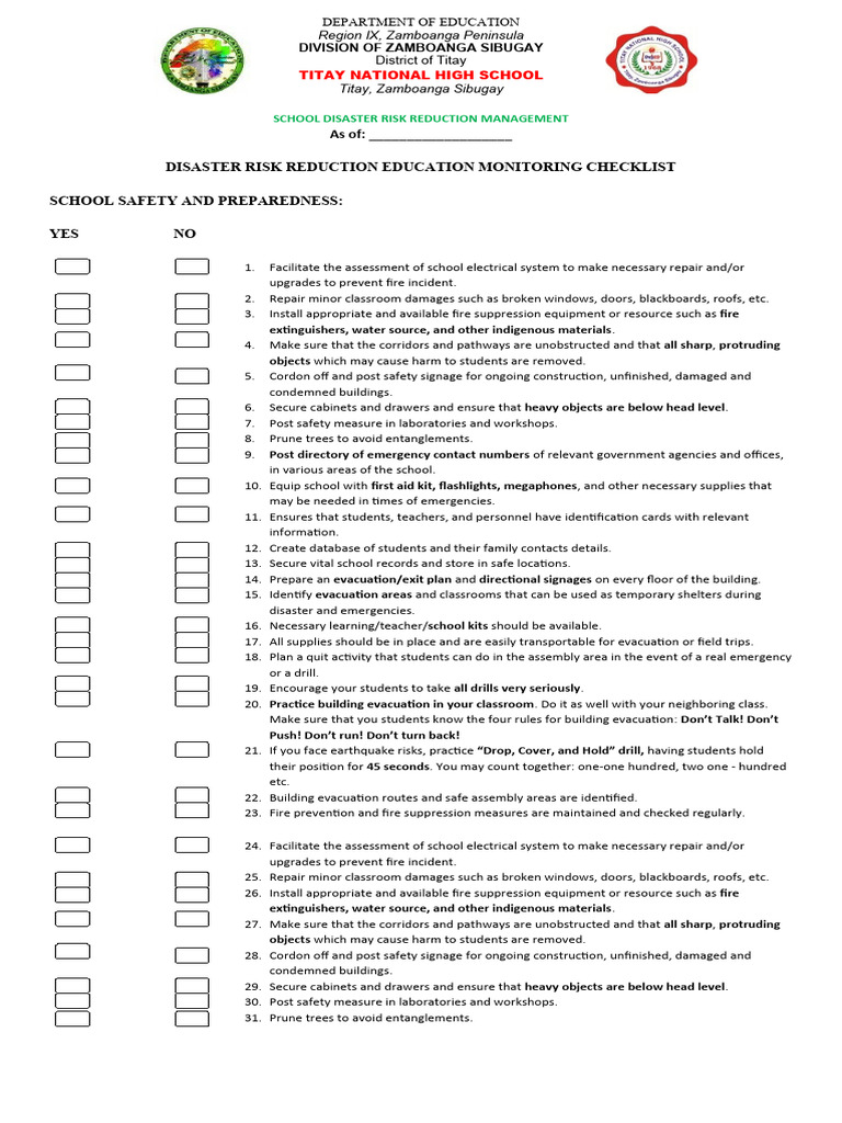 SDRRM CHECkLIST.2023 | PDF | Emergency Evacuation | Emergency Management