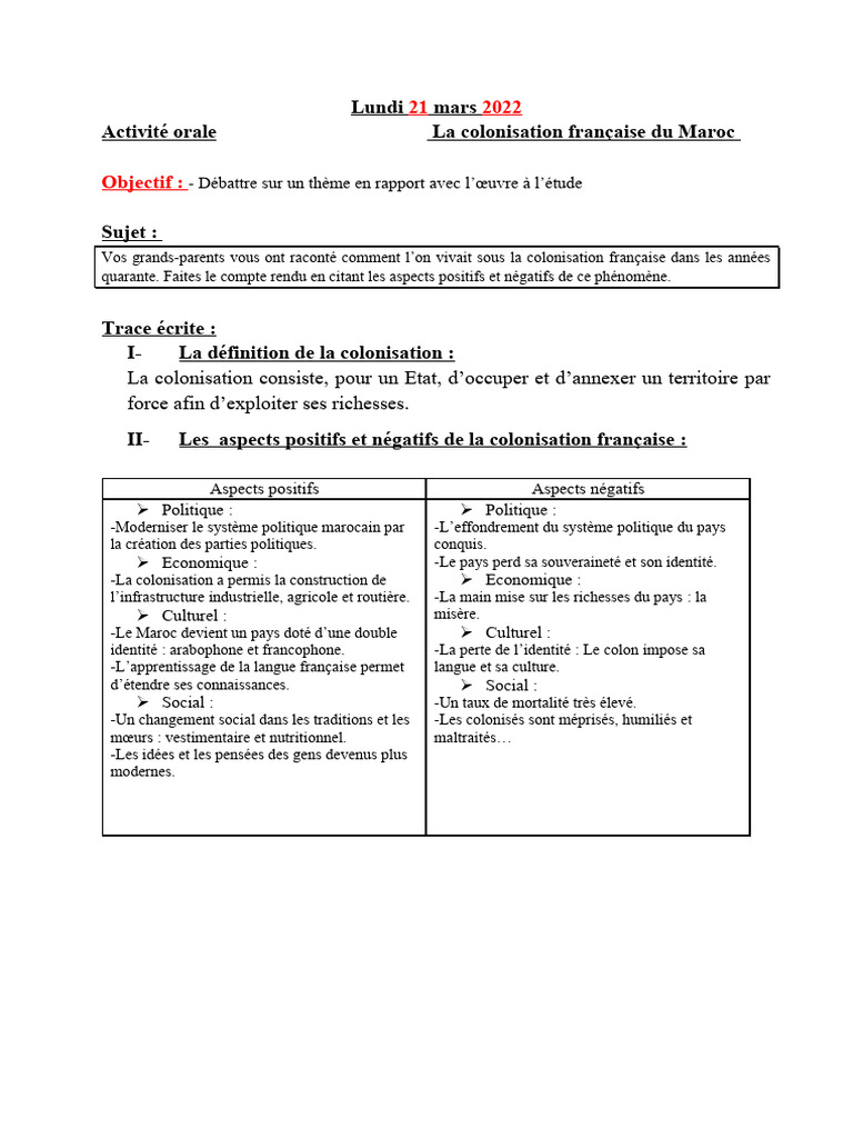 Activite Orale La Colonisation Francaise | PDF