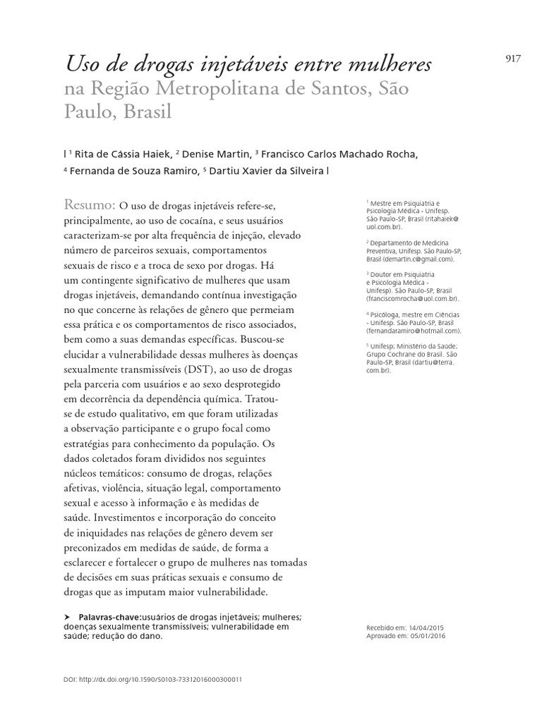 Uso de Drogas Injetáveis Entre Mulheres - Santo SP | PDF | Relação ...
