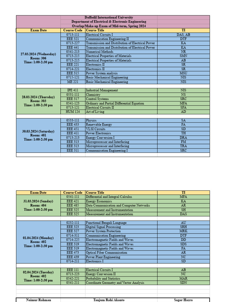 Routine - Mid Overlap or Makeup - Spring 2024 | PDF | Electrical Engineering | Physical Sciences