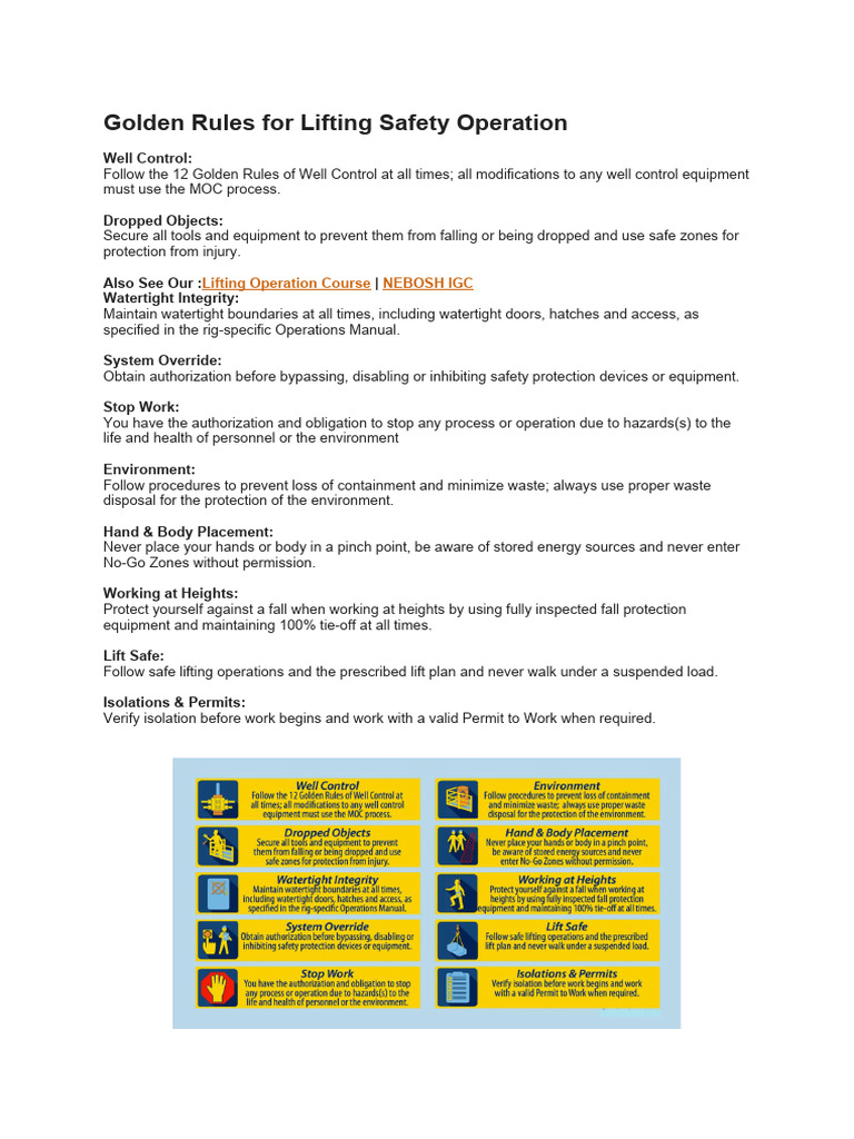 Golden Rules For Lifting Safety Operation | PDF