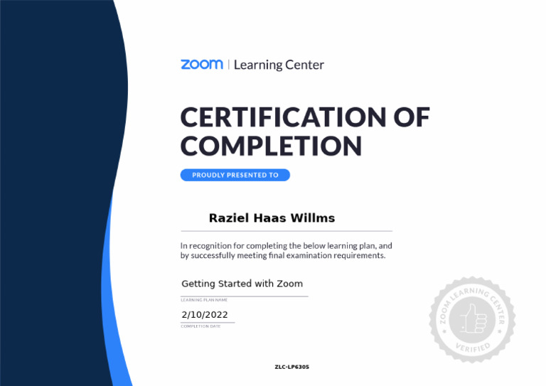 Zoom Meeting Learning Plans Certificate of Completion - Getting Started With Zoom | PDF