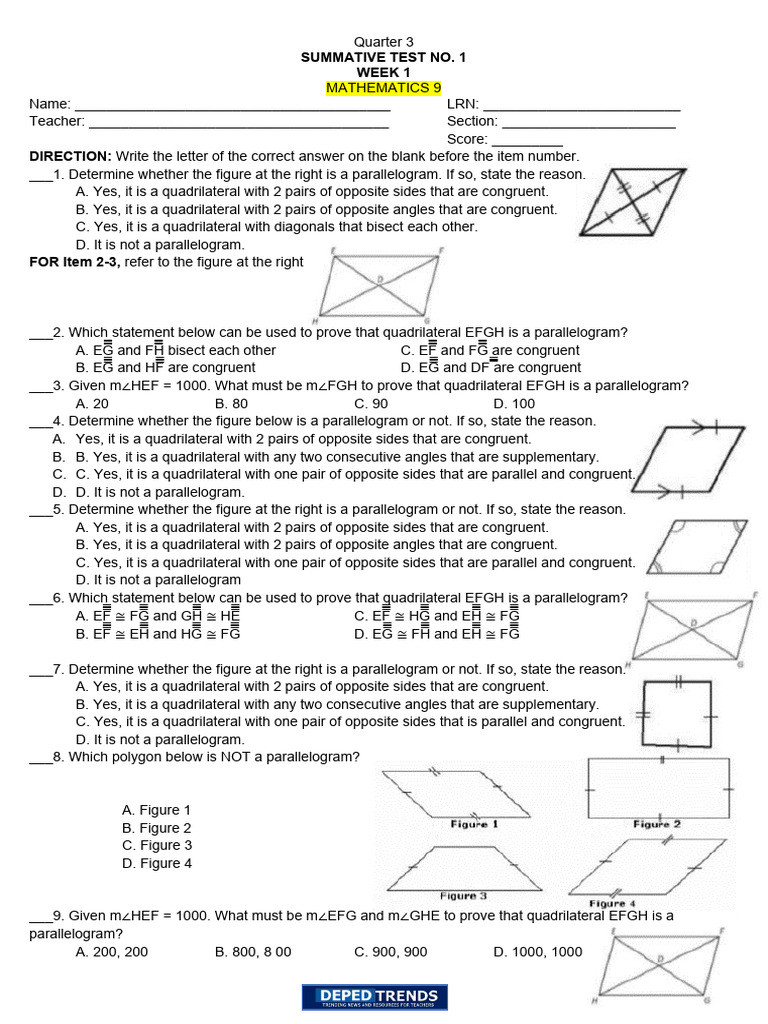 Summative 1 - Math 9 | PDF | Geometry | Classical Geometry