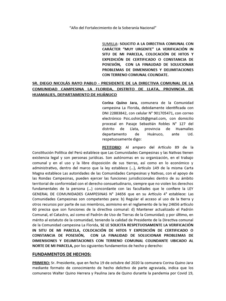 Solicito La Expedición de Certificado o Constancia de Posesión de Mi Parcela. | PDF | Derechos ...