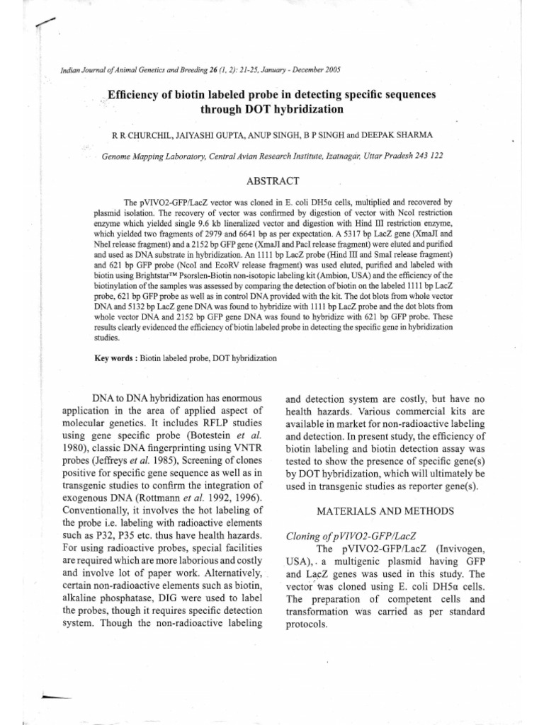 Efficiency of Biotin Labeled Probe in Detecting Specific Sequences ...