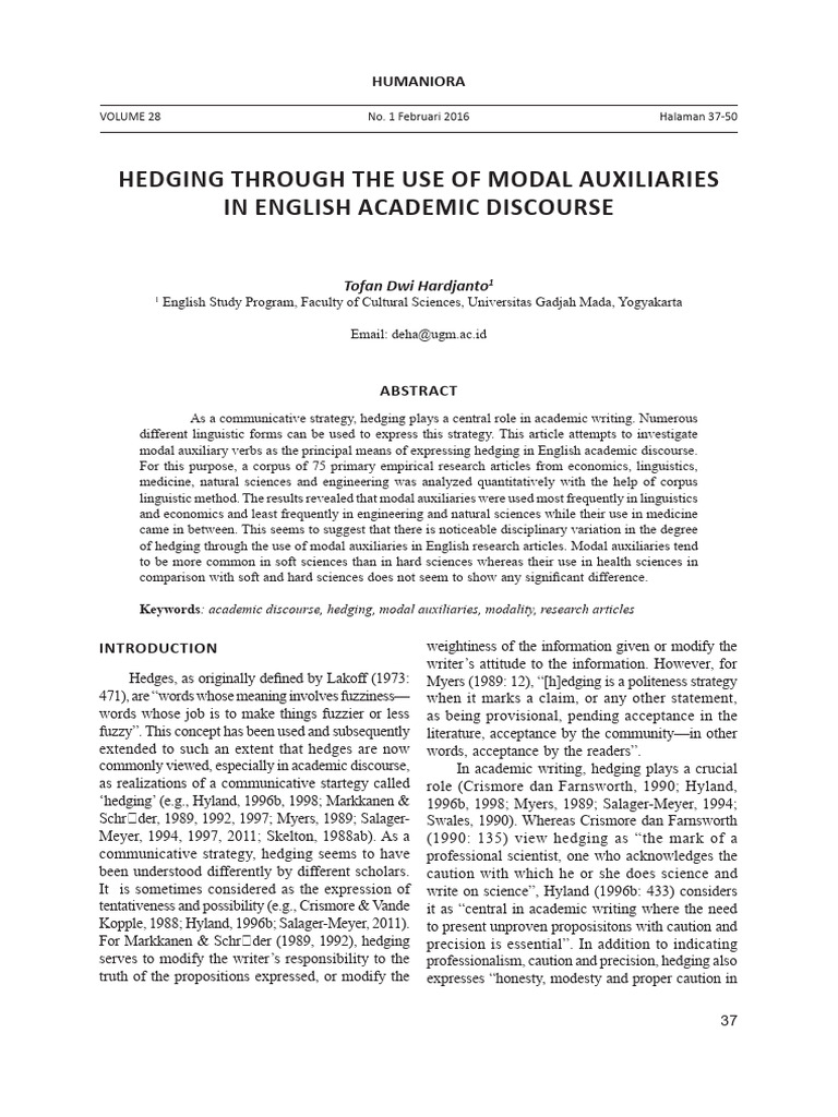 en Hedging Through The Use of Modal Auxilia | PDF | Syntax | Semantics