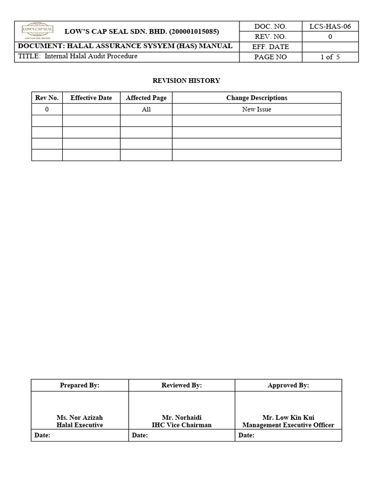 LCS-HAS-06 Internal Halal Audit Procedure | PDF | Audit | Internal Audit