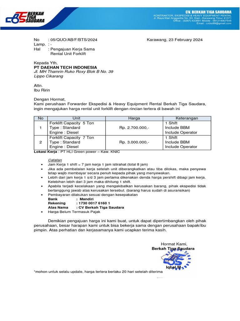 Pengajuan Kerja Sama PT Daehan Tech Indonesia (FK 5-7T) | PDF