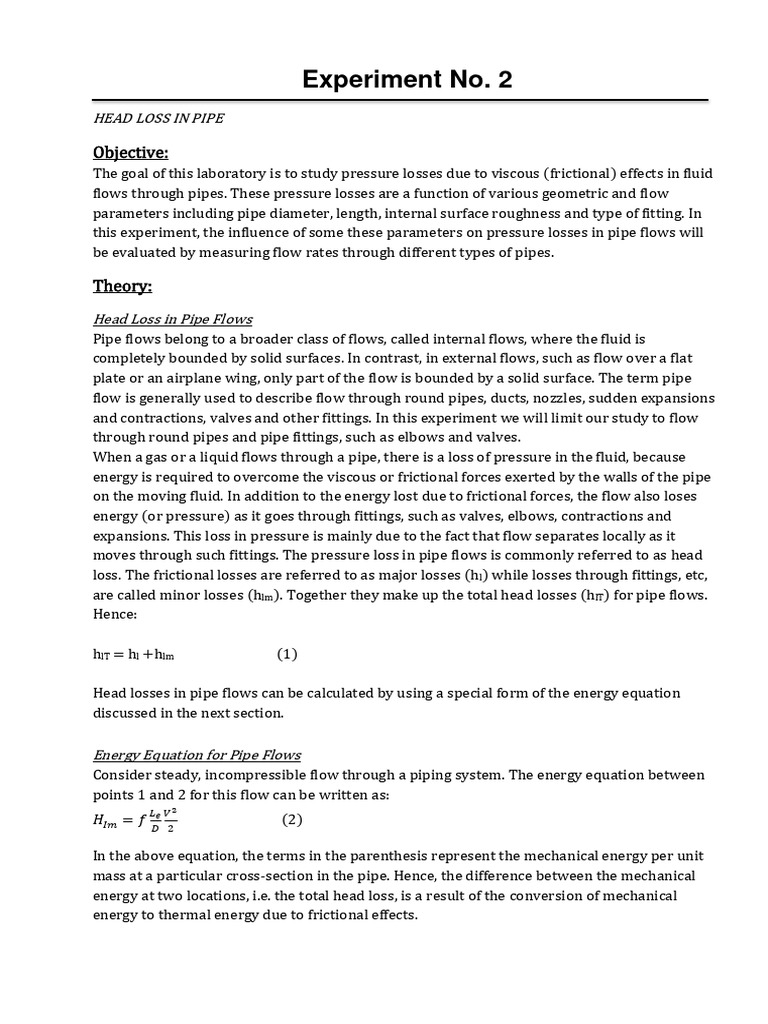 Head Loss in Pipe - Lab Report Mannual | PDF | Fluid Dynamics | Pipe ...