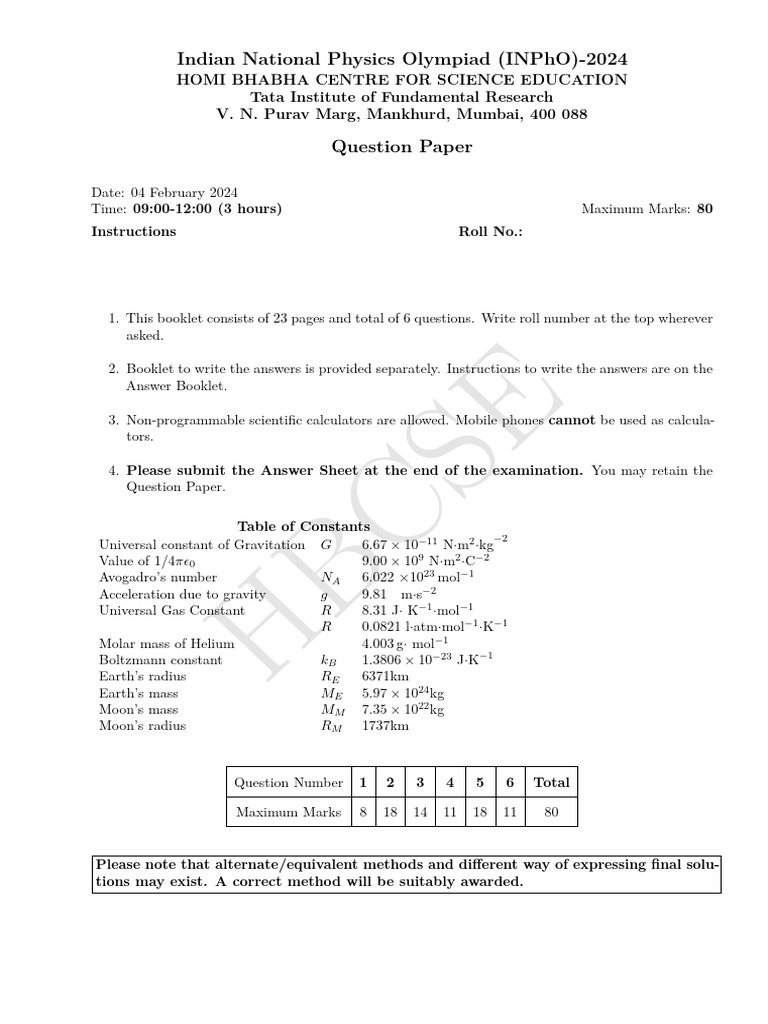 INPhO 2024 Question Paper Overview | PDF | Gases | Orbit