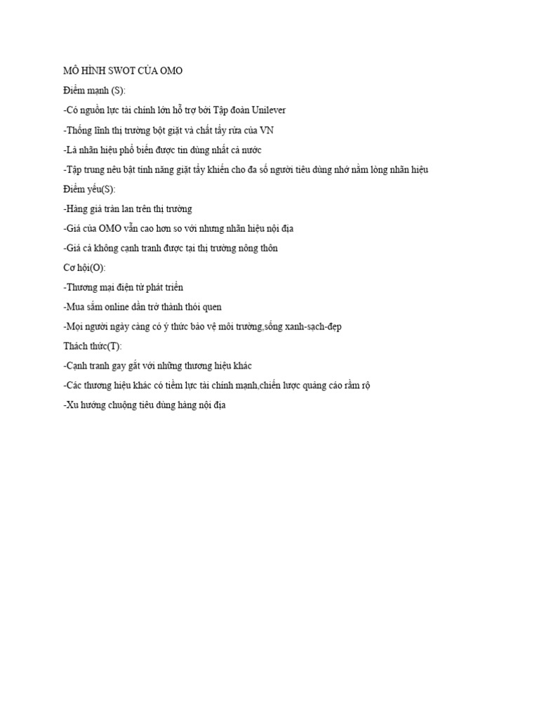 Mô Hình Swot C A Omo | PDF