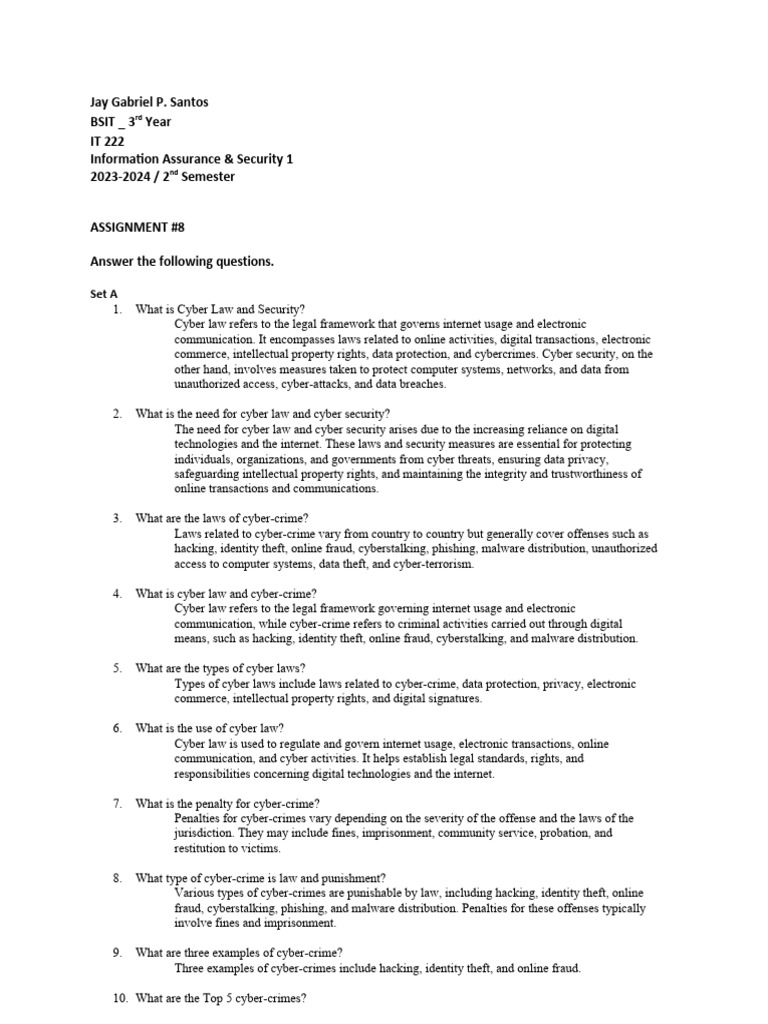Assignment #8 IT 222 - SANTOS, JAY GABRIEL | PDF | Cybercrime | Security