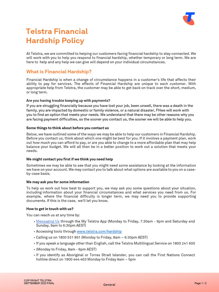 Telstra Financial Hardship Policy | PDF | Career & Growth | Business