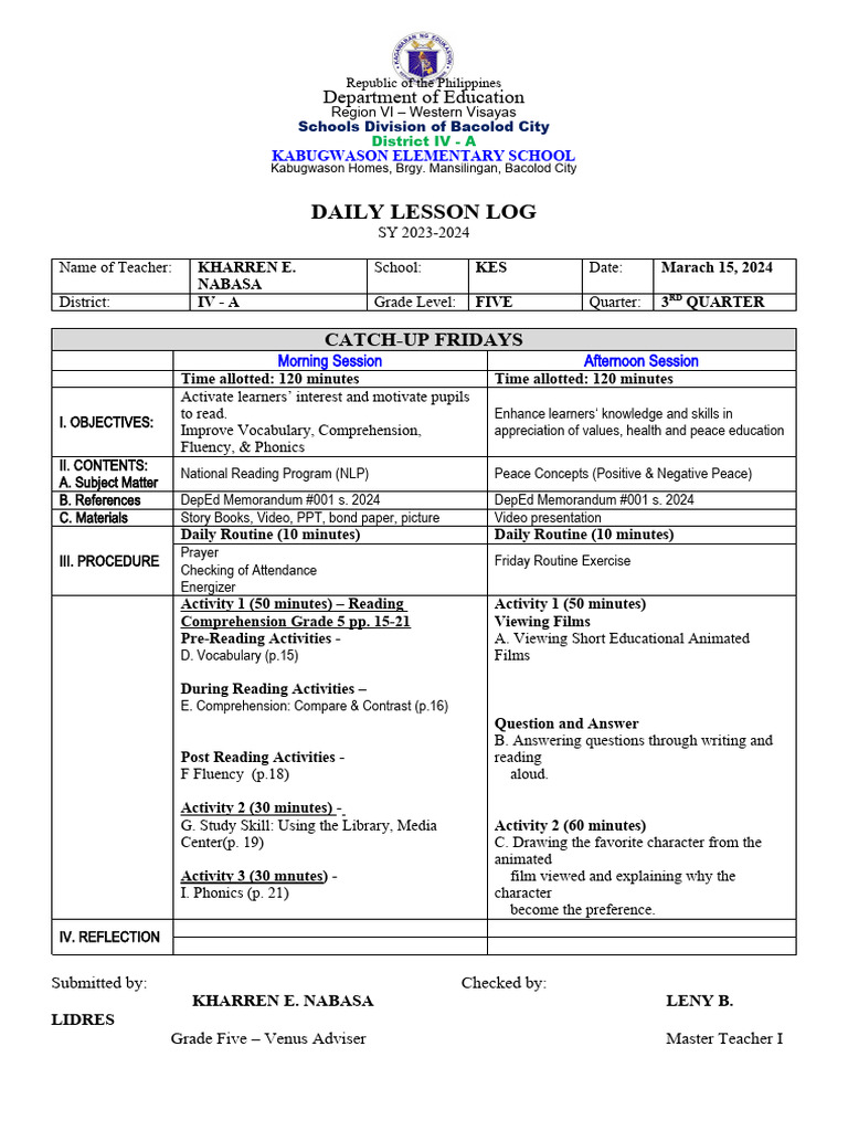 Catch-Up-Friday-Daily-Lesson-Log - 3 | PDF | Cognitive Science | Human ...