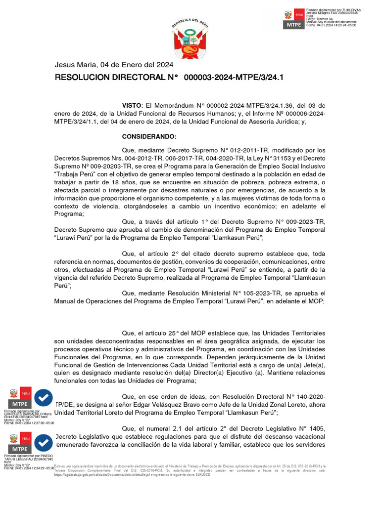 Resolucion Directoral 000003 2024 Mtpe - 3 - 24 1 | PDF | Empleo | Perú