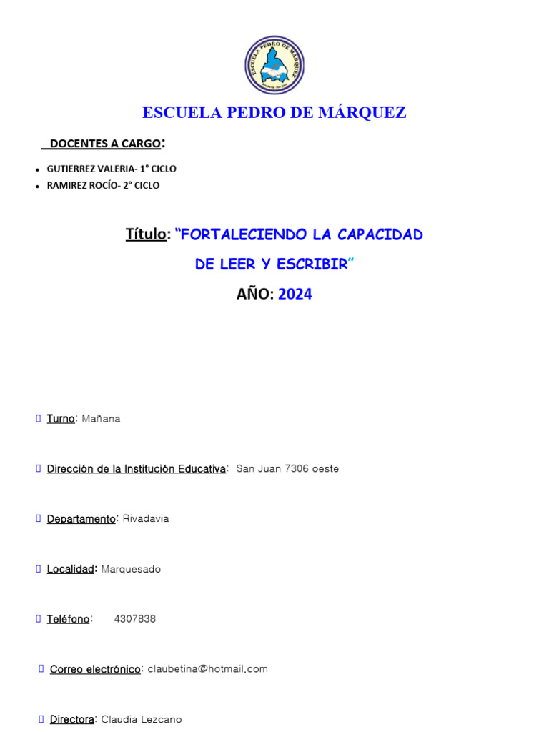 Proyecto de Lectoescritura - Primer y Segundo Ciclo 2024 Revisado. | PDF | Literatura ...