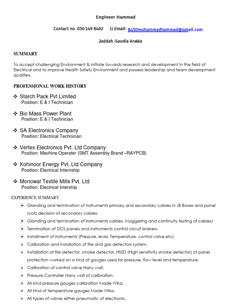 Hammad's Electrical Engineering Profile | PDF | Calibration | Safety