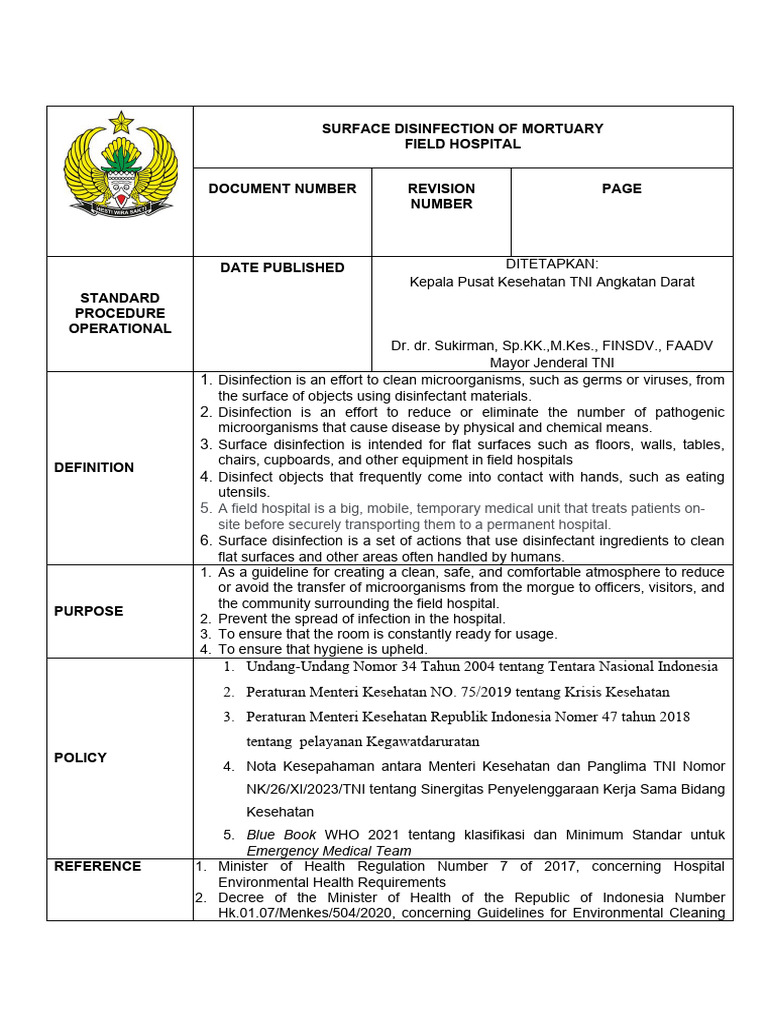 Sop Surface Disinfection of Mortuary Field Hospital | PDF | Personal ...