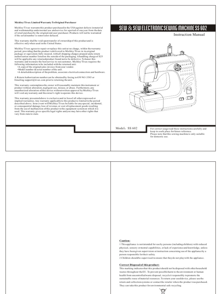 Michley/Tivax SS602 Sewing Machine Instruction Manual | PDF | Sewing ...