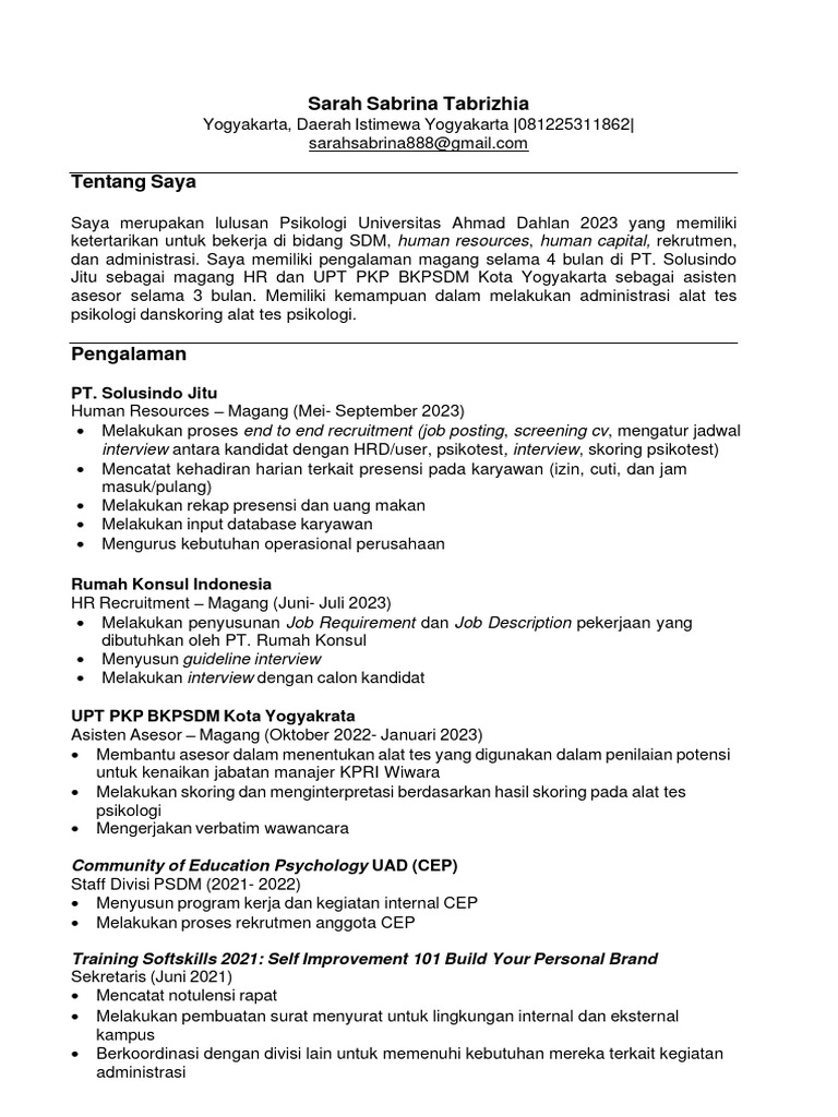 JOBSTREETEXPRESS SarahSabrinaTabrizhia Resume 20240325 | PDF | Karier & Perkembangan