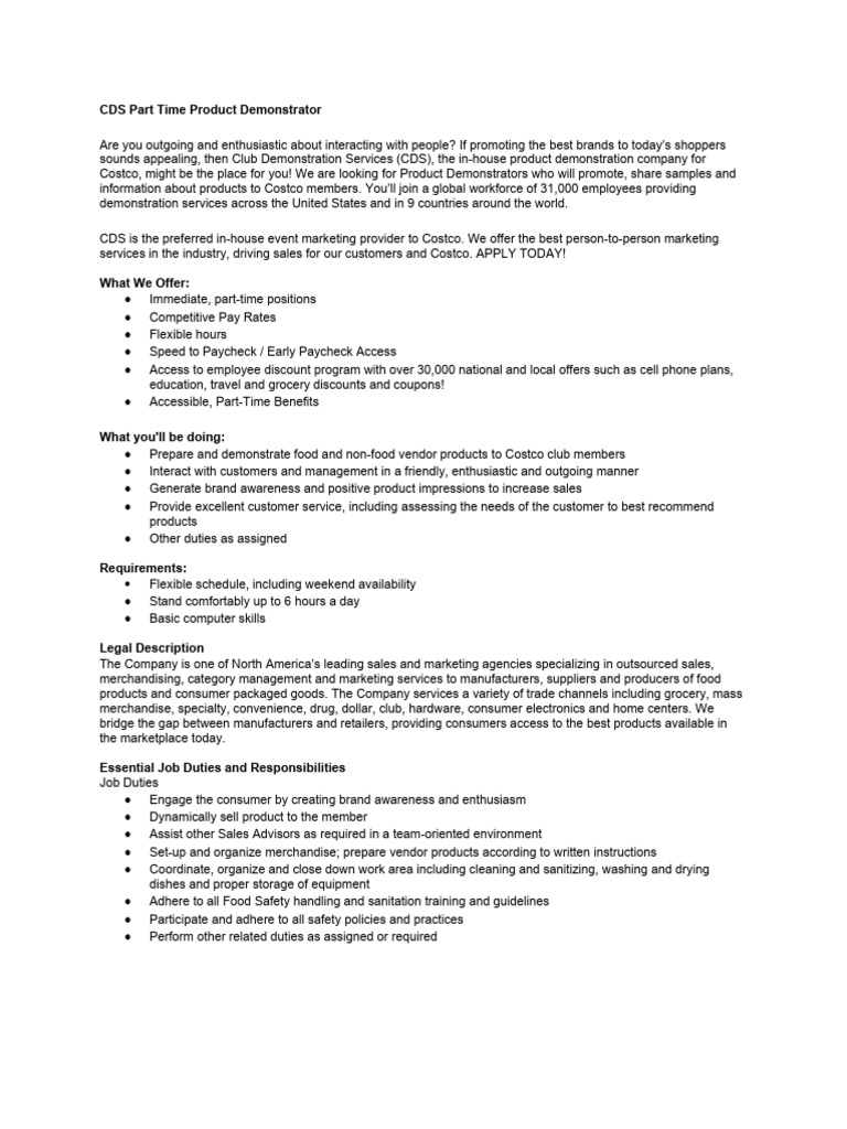 Costco Part-Time Product Demonstrator Role | PDF | Costco | Outsourcing