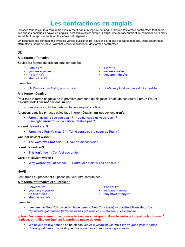 Contractions en anglais : Guide complet | PDF | Verbe | Linguistique