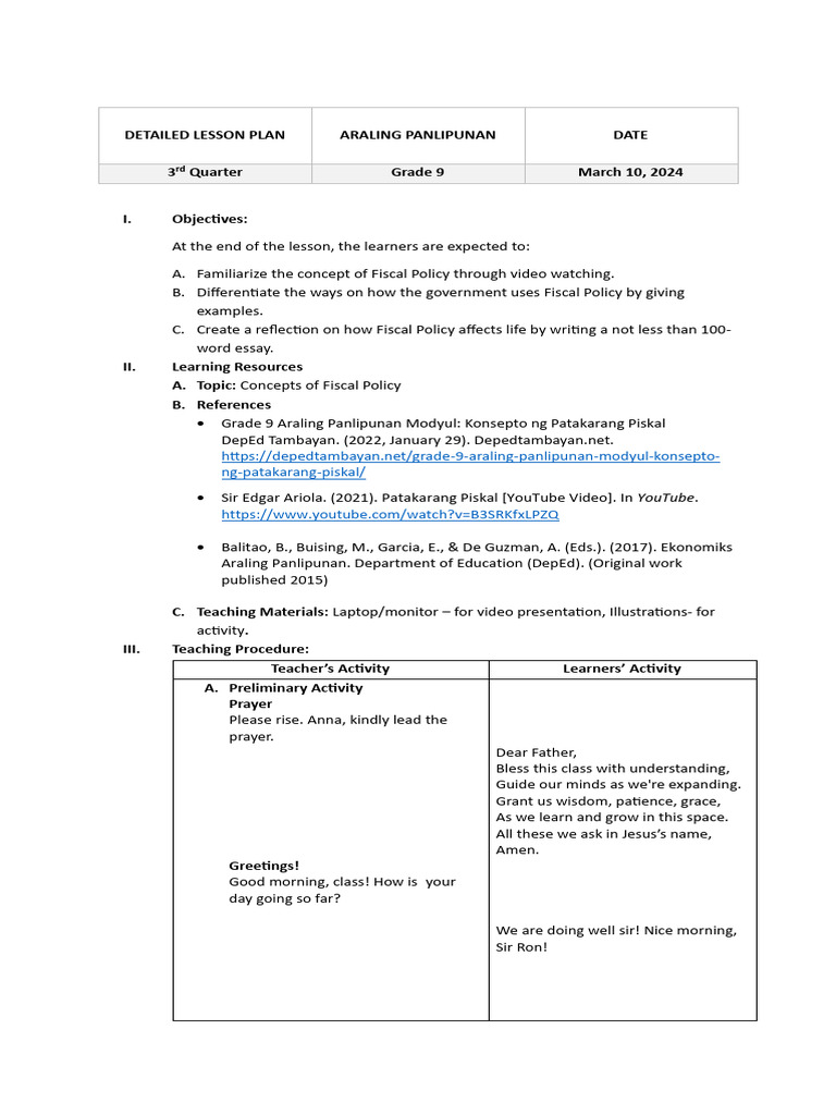 Grade 9 Fiscal Policy Lesson Plan | PDF | Fiscal Policy | Macroeconomics