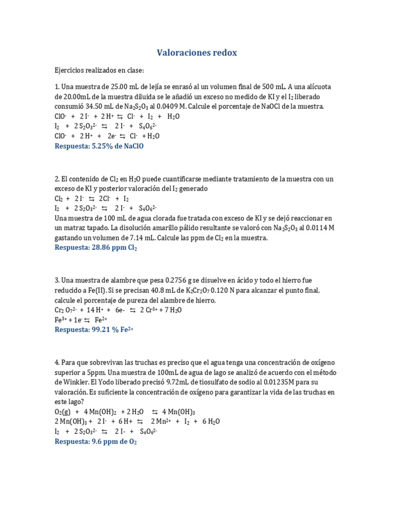 Guía 4 de Ejercicios de Valoralciones Redox | PDF | Concentración | Moléculas