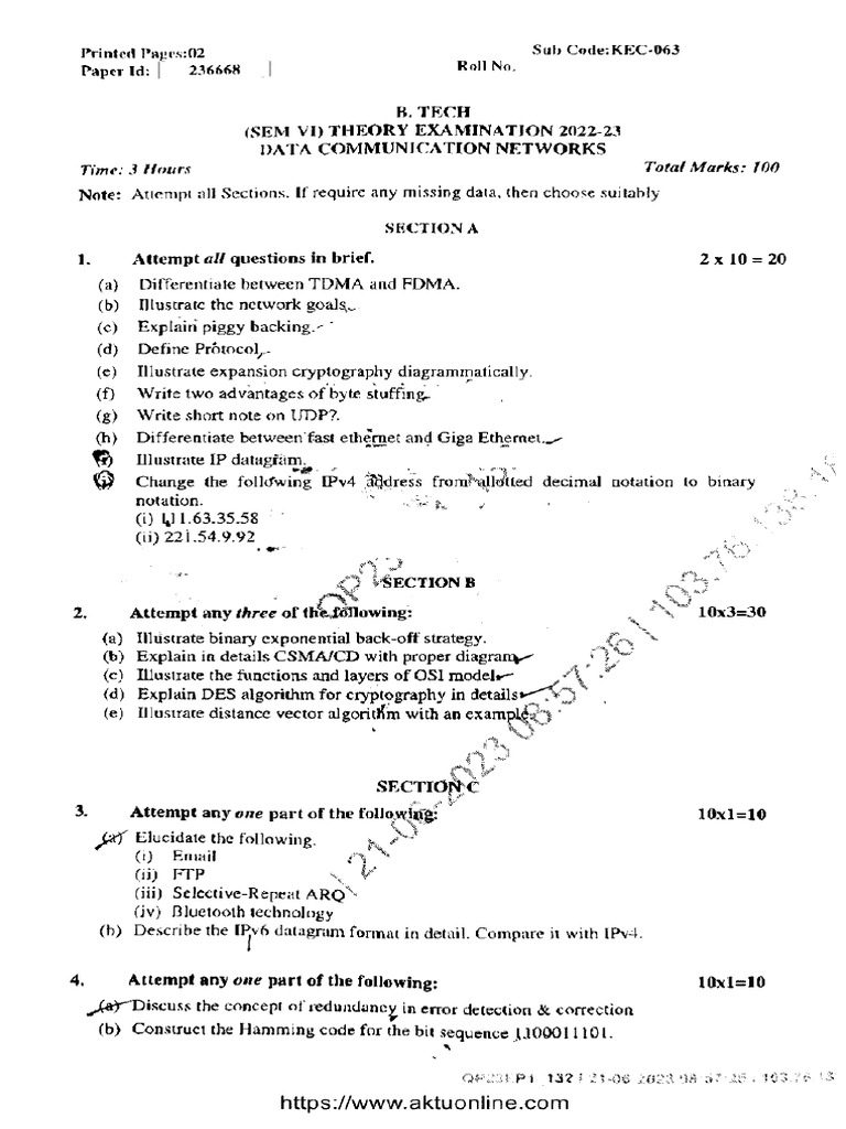 Btech Ec 6 Sem Data Communication Networks Kec 063 2023 | PDF