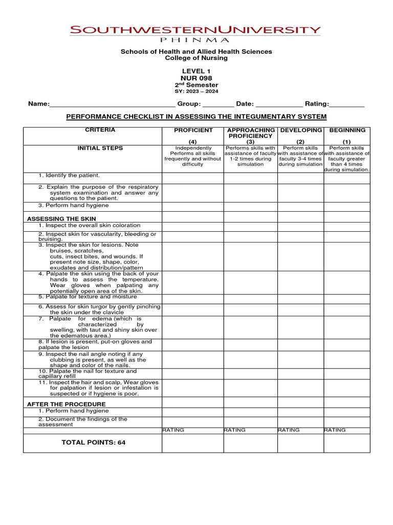 Performance Checklist in Assessing The Integumentary System | PDF ...