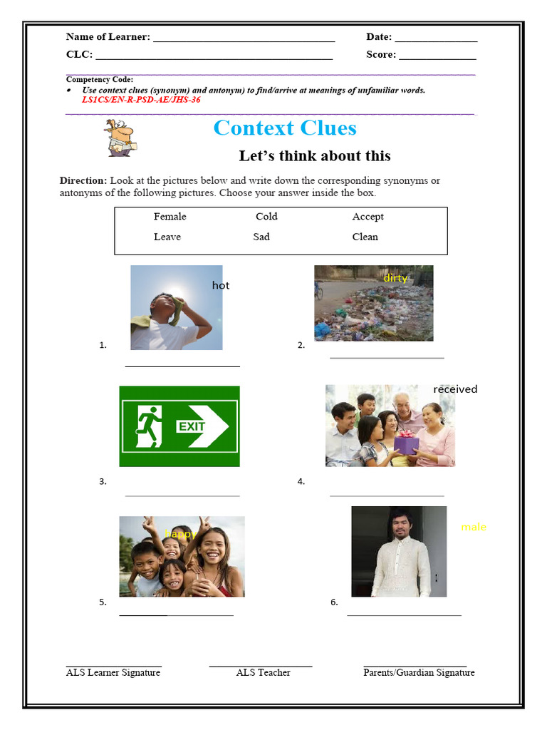 LS1 Eng. LAS worksheets (Context Clues) | PDF