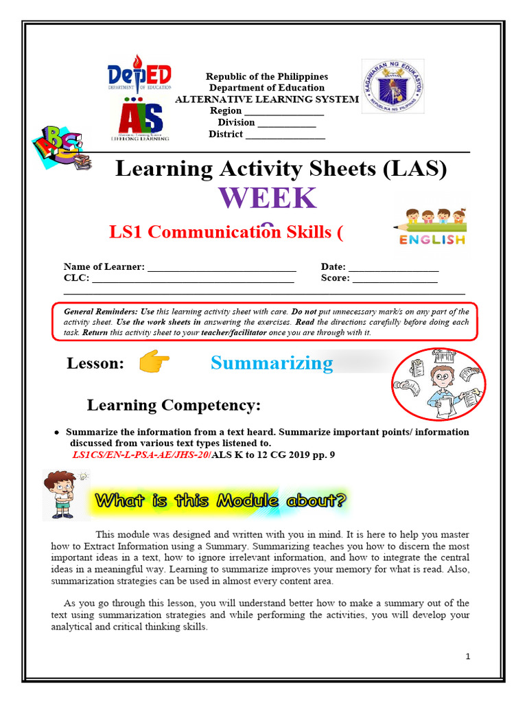 LS1 Eng. LAS (Summarizing) | PDF | Learning | Reading Comprehension