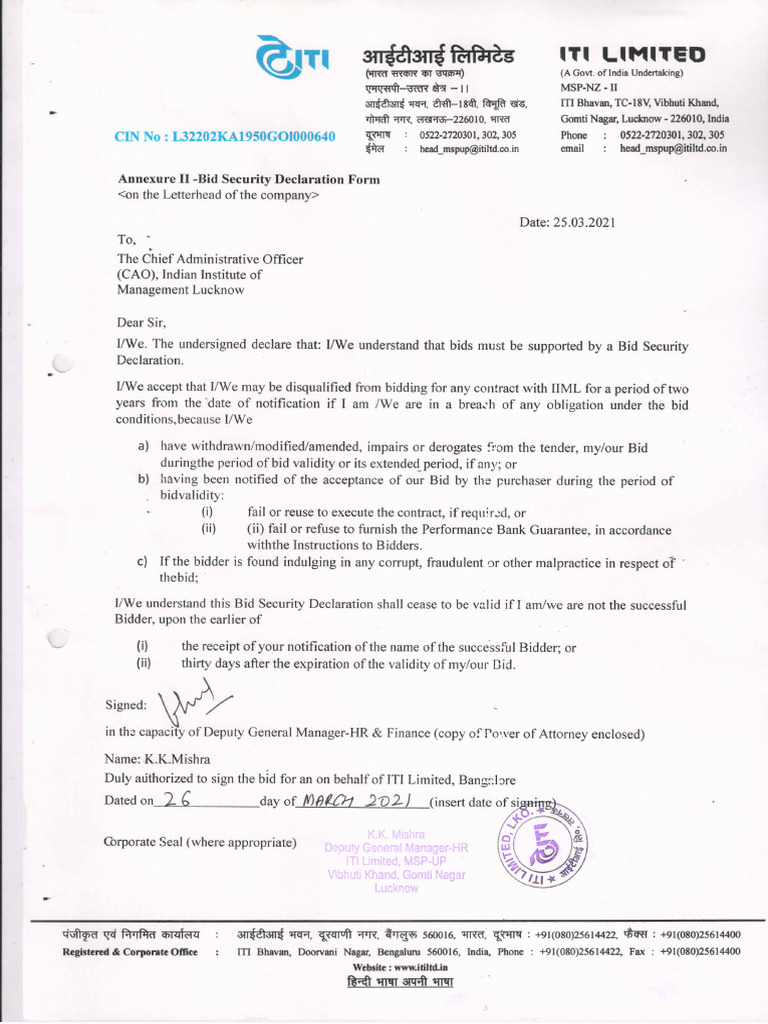 BidSecurityDeclaration - ITI Limited | PDF