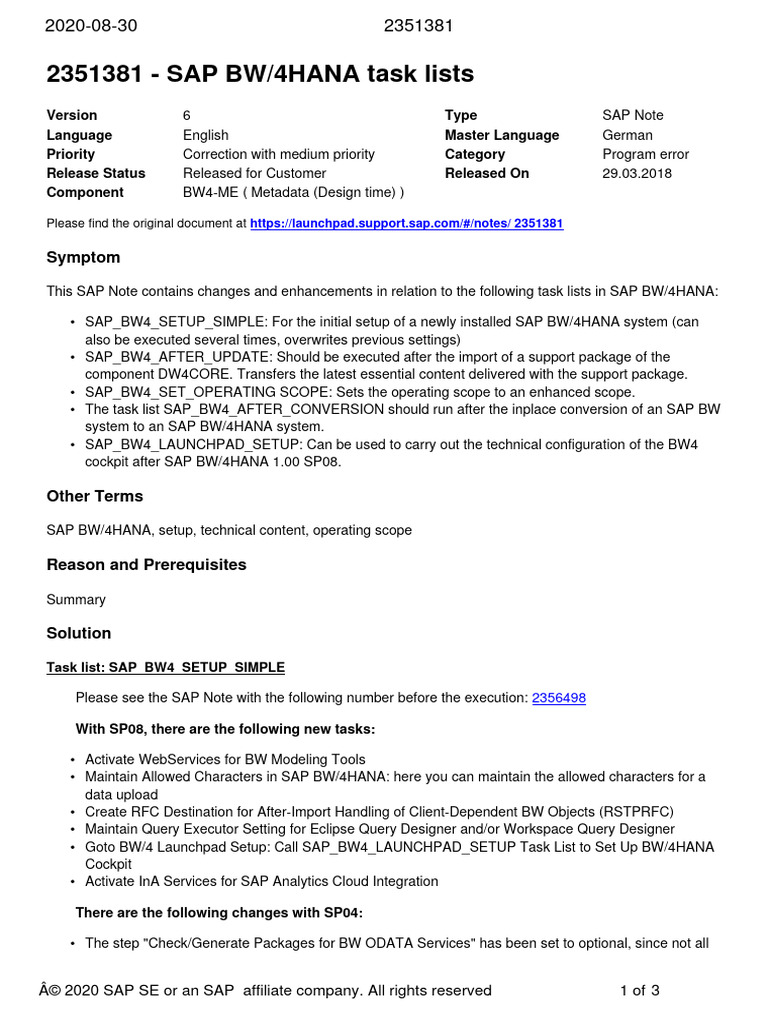 SAP BW4HANA Tasklist | PDF | Software Engineering | Software SAP BW4HANA Tasklist | PDF | Software Engineering | Software