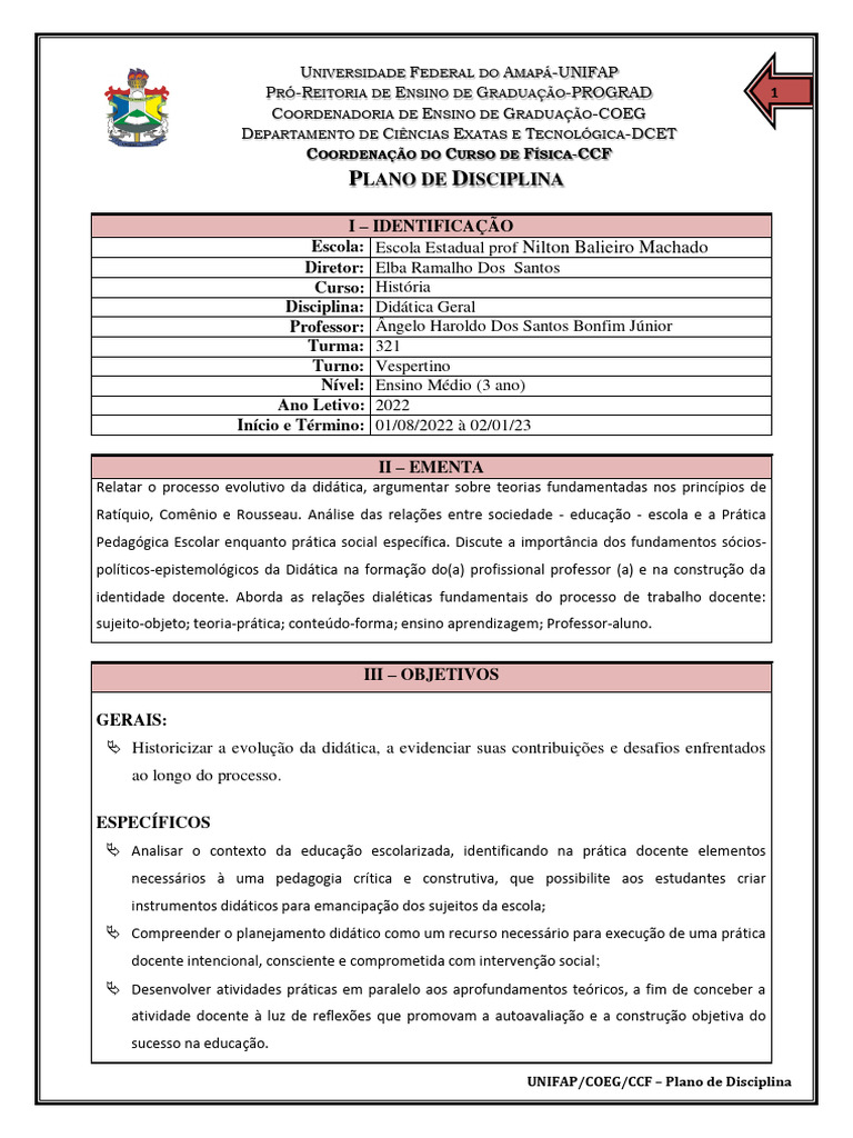 Modelo de Plano - de - Disciplina | Download grátis PDF | Pedagogia | Sociologia
