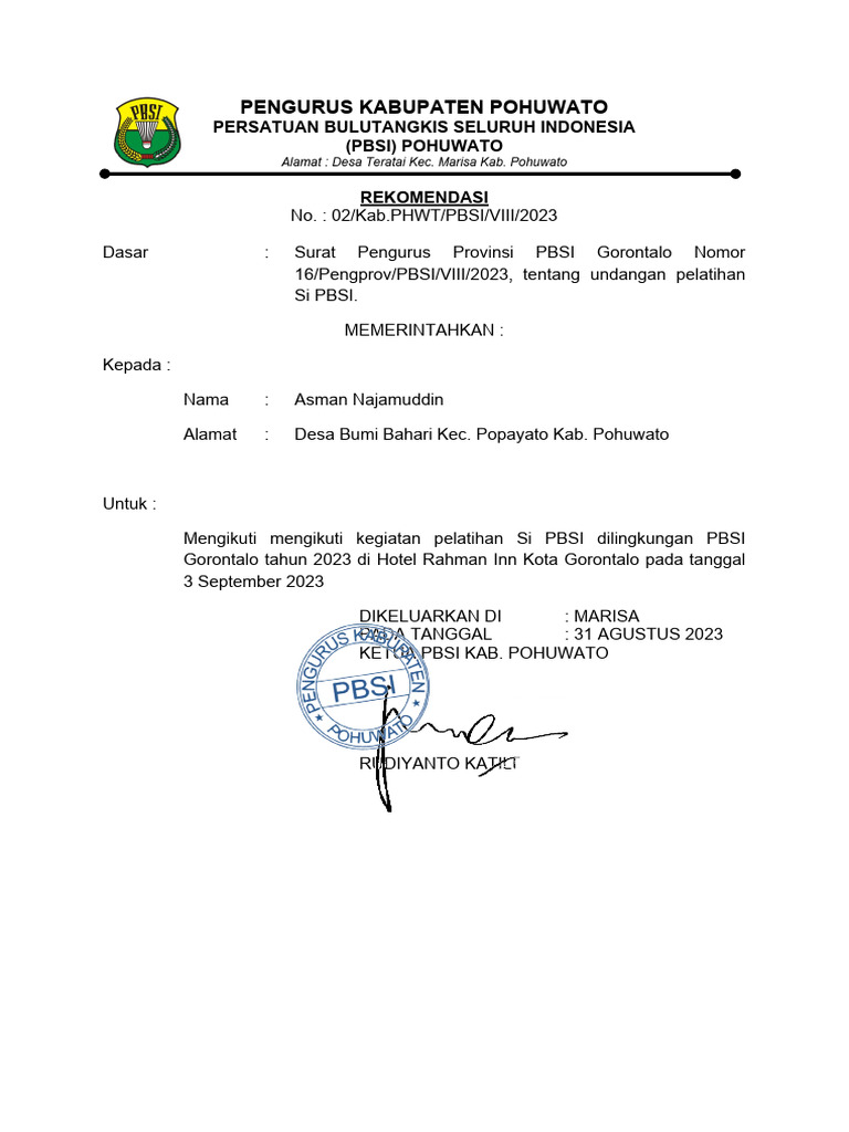 Rekomendasi Pelatihan Si PBSI | PDF