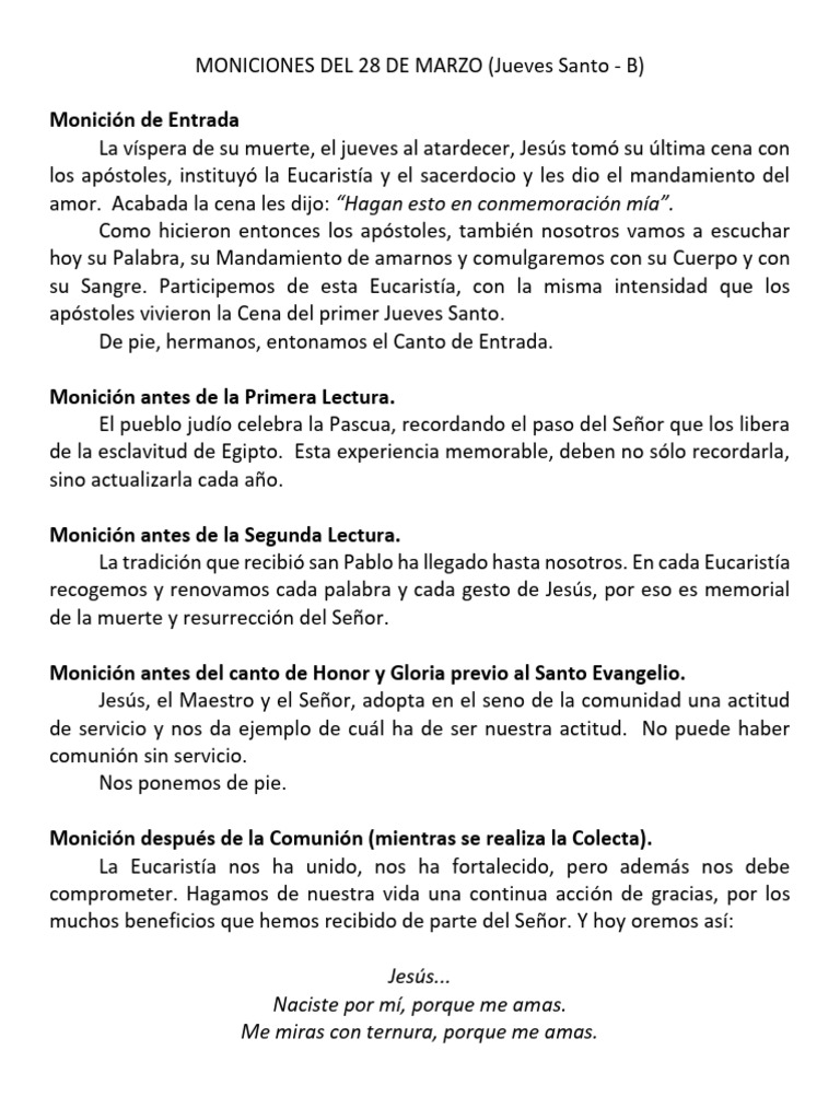 MONICIONES-Jueves Santo | PDF | eucaristía | Última cena