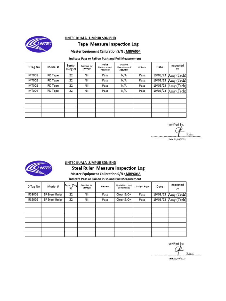 Tape Measure Inspection Log | PDF | Calibration | Accuracy And Precision