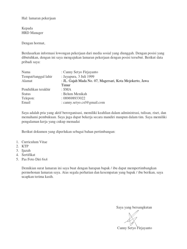 Surat Lamaran Kerja Dan CV Canny Setyo FIrjayanto | PDF | Karier & Perkembangan | Bisnis