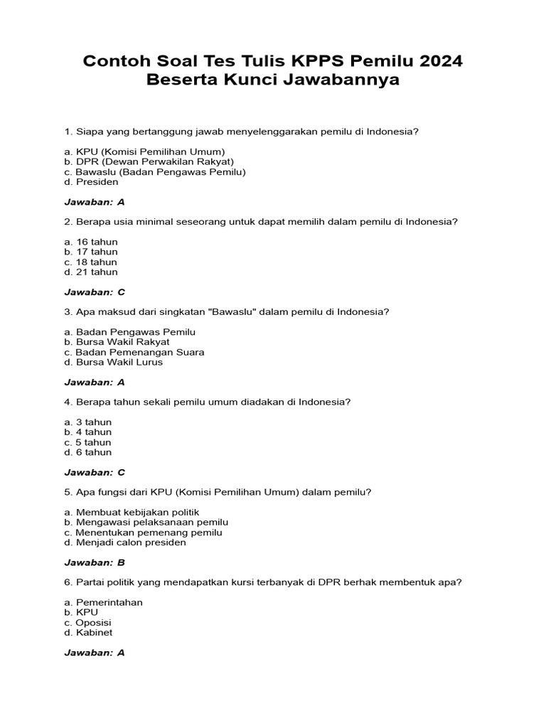 30 Contoh Soal Tes Tulis KPPS Pemilu 2024 Beserta Kunci Jawabannya | PDF