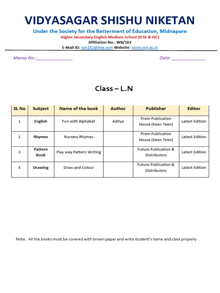 Class - Lower Nursery To Xii VSN Final Booklist 2024-2025 | PDF
