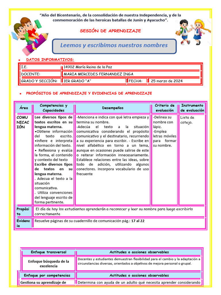 sesion de com - leemos nuestros nombres - | PDF | Evaluación | Aprendizaje